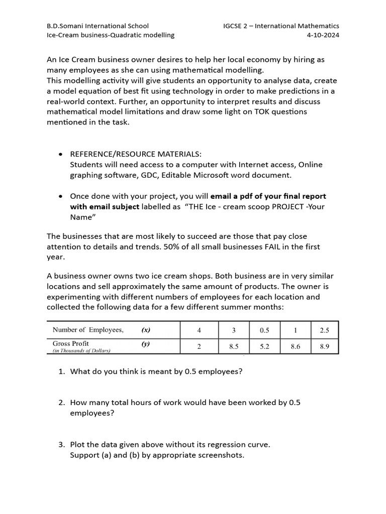 Ice-Cream Business-Quadratic Modelling | PDF