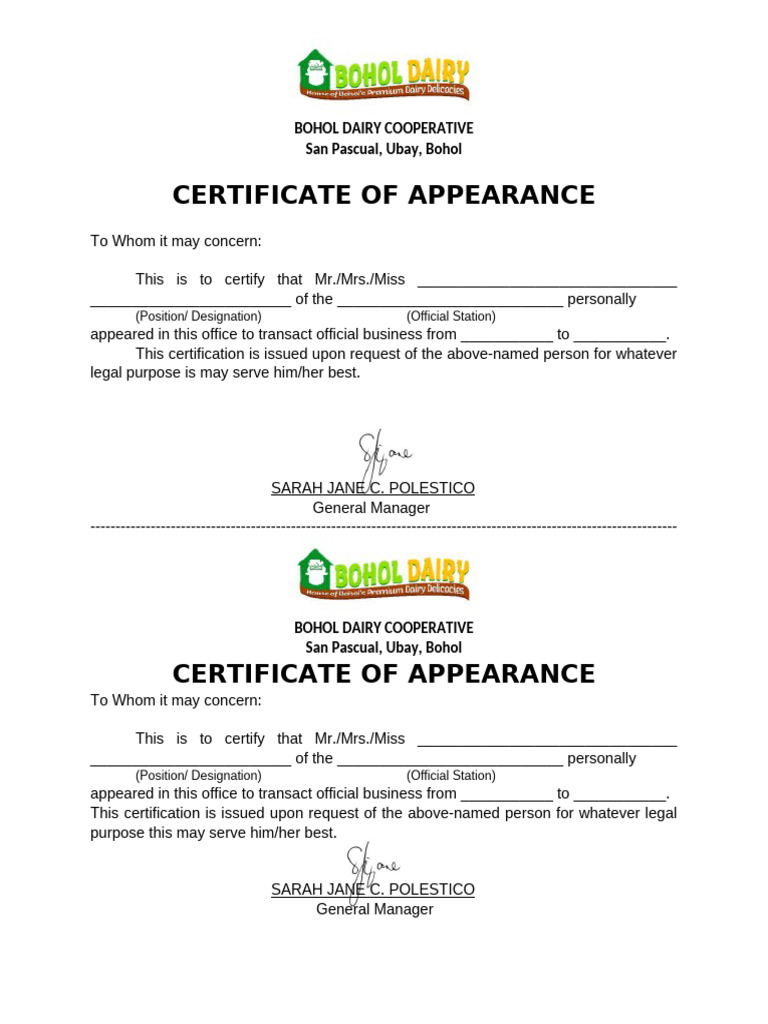 CERTIFICATE OF APPEARANCE 2022 | PDF