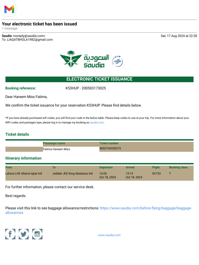 Gmail - Your Electronic Ticket Has Been Issued | PDF