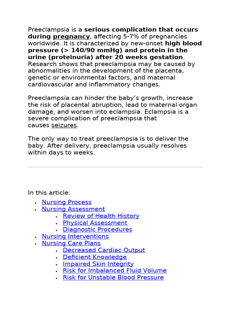 Nursing Process for Pre Eclampsia | PDF