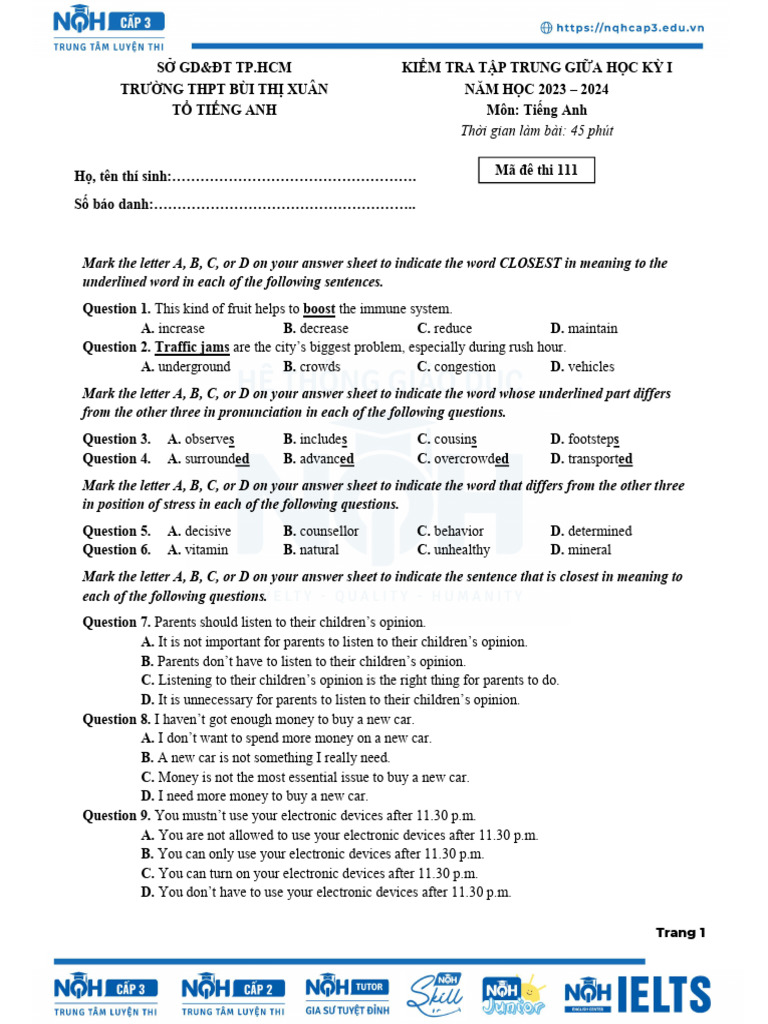 Anh 11 de Va Dap An de Kiem Tra Giua Hki THPT Bui Thi Xuan Nam 2023 2024 | PDF
