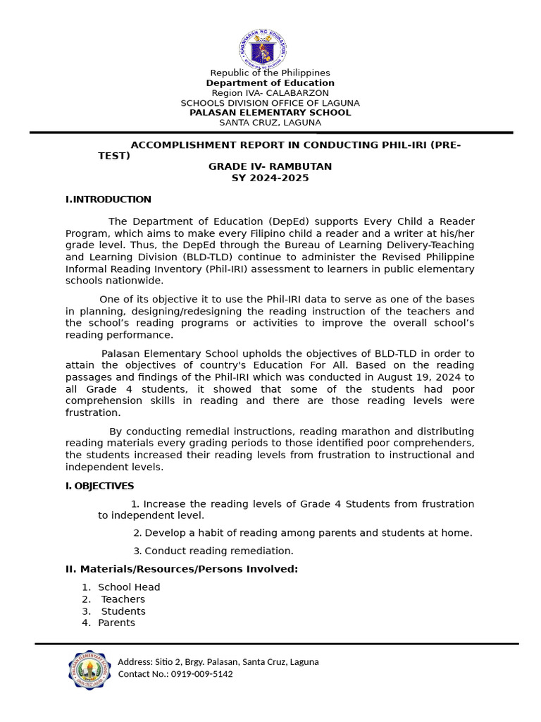 ACCOMPLISHMENT REPORT - Phil-Iri | PDF