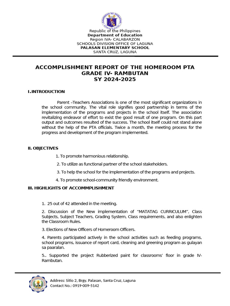 Accomplishment Report - Pta-Meeting Elections of Homeroom Officers | PDF