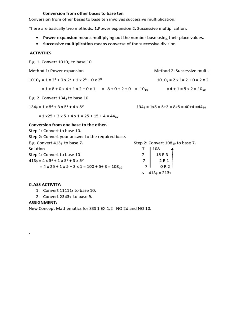 Conversion From Other Bases To Base Ten. | PDF