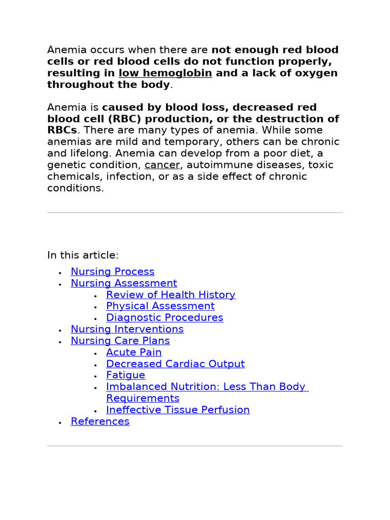 Nursing Care Plan For Anemia | PDF