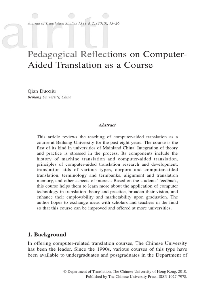 Pedagogical Reflections On Computer - Aided Translation As A Course | PDF