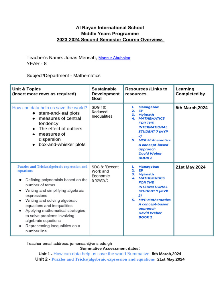 Math MYP2 Course Outline | PDF