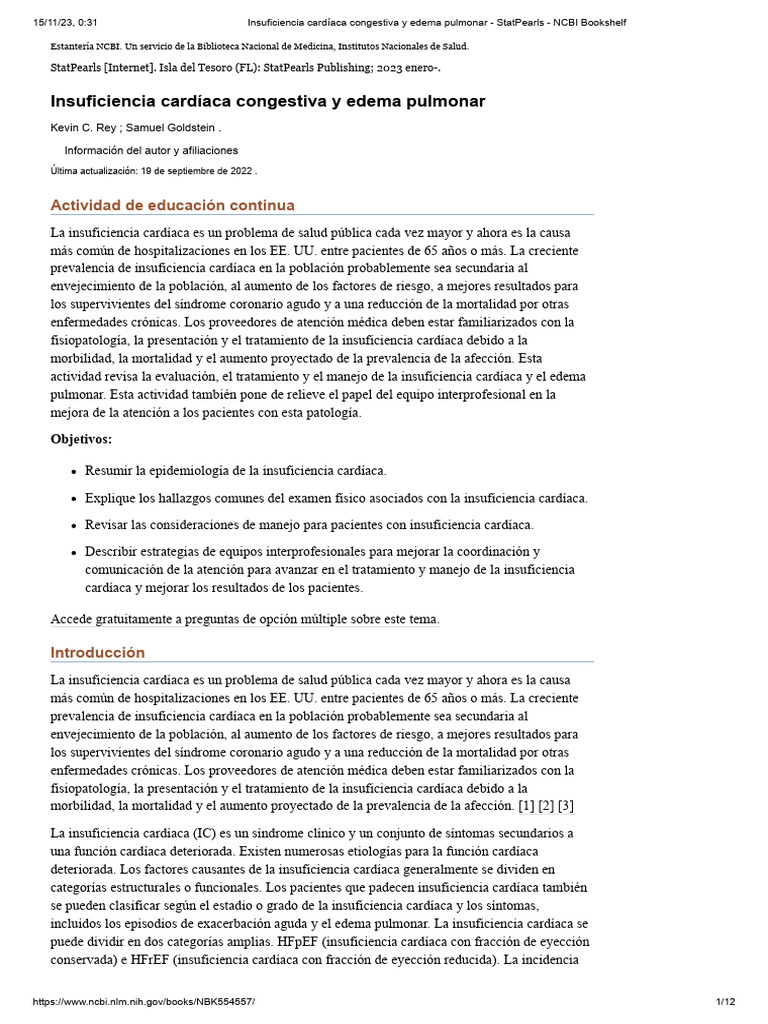 Insuficiencia Cardíaca Congestiva y Edema Pulmonar - StatPearls - NCBI Bookshelf | PDF