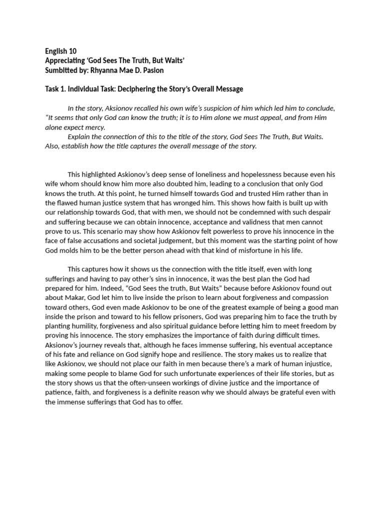 Activity On God Sees The Truth | PDF