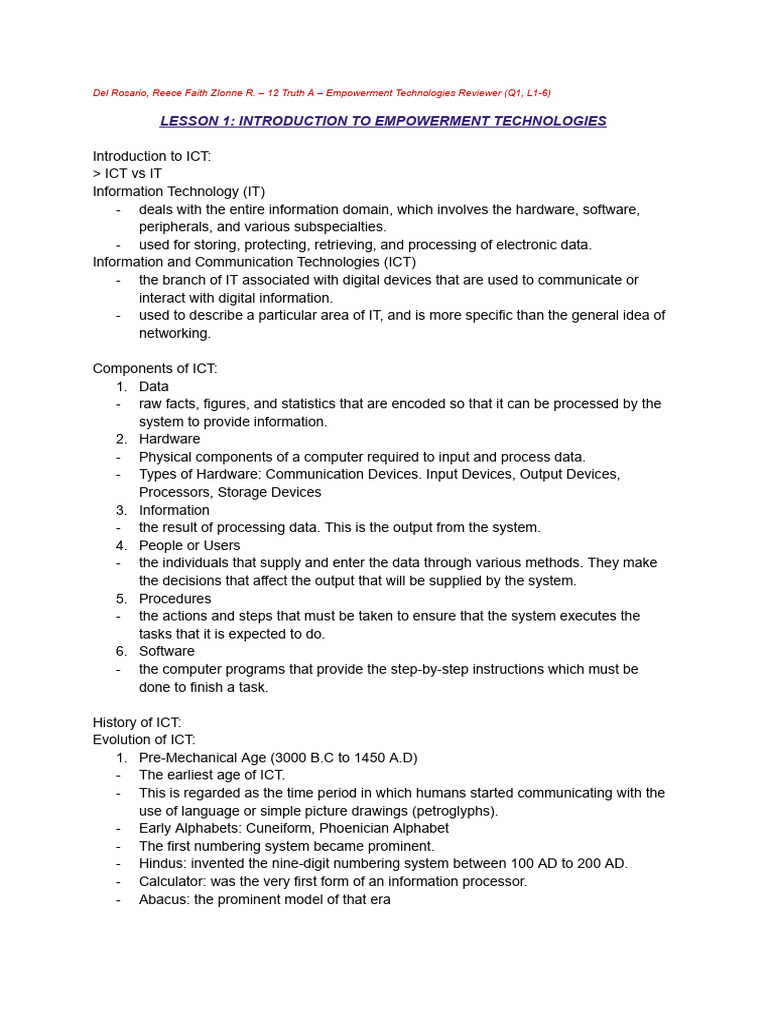 ? Emtech Reviewer 1ST Quarter (L1-6) ? Del Rosario - 12-Truth A | PDF