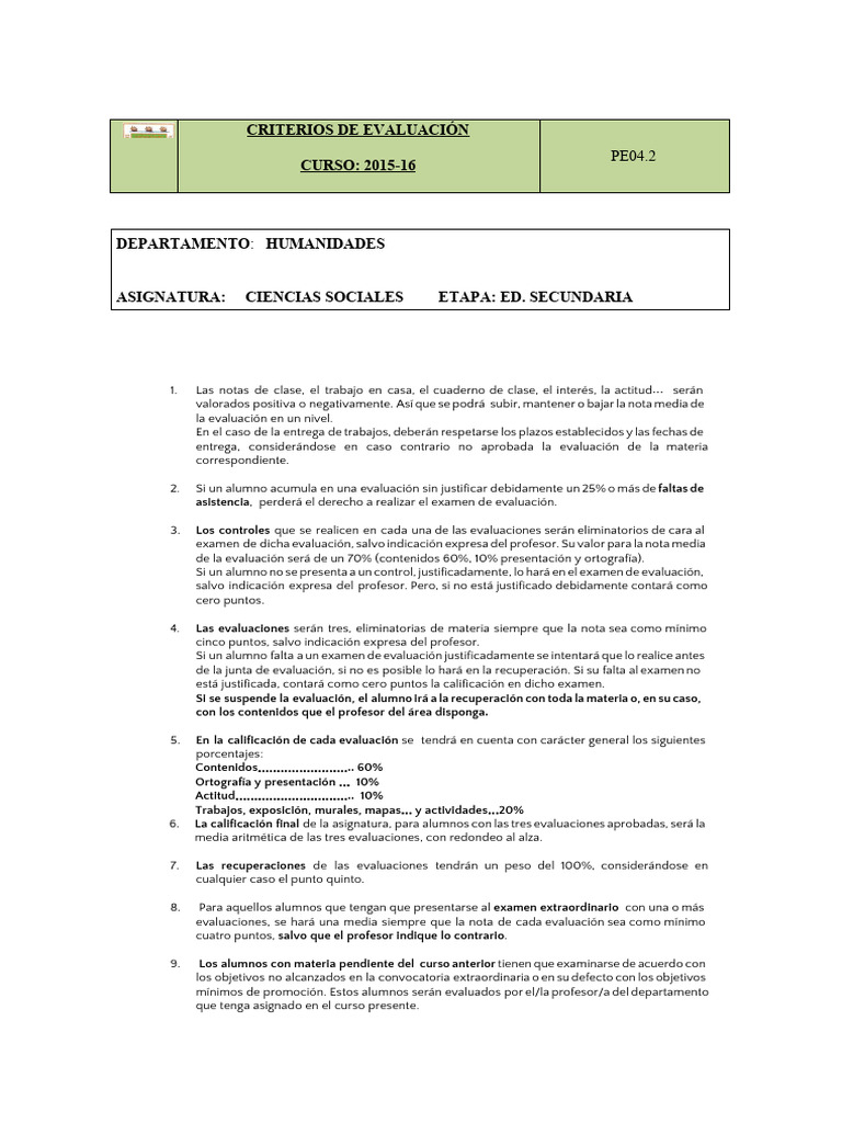 Criterios Evaluación Ciencias Sociales Eso - Modelo Nuevo | PDF
