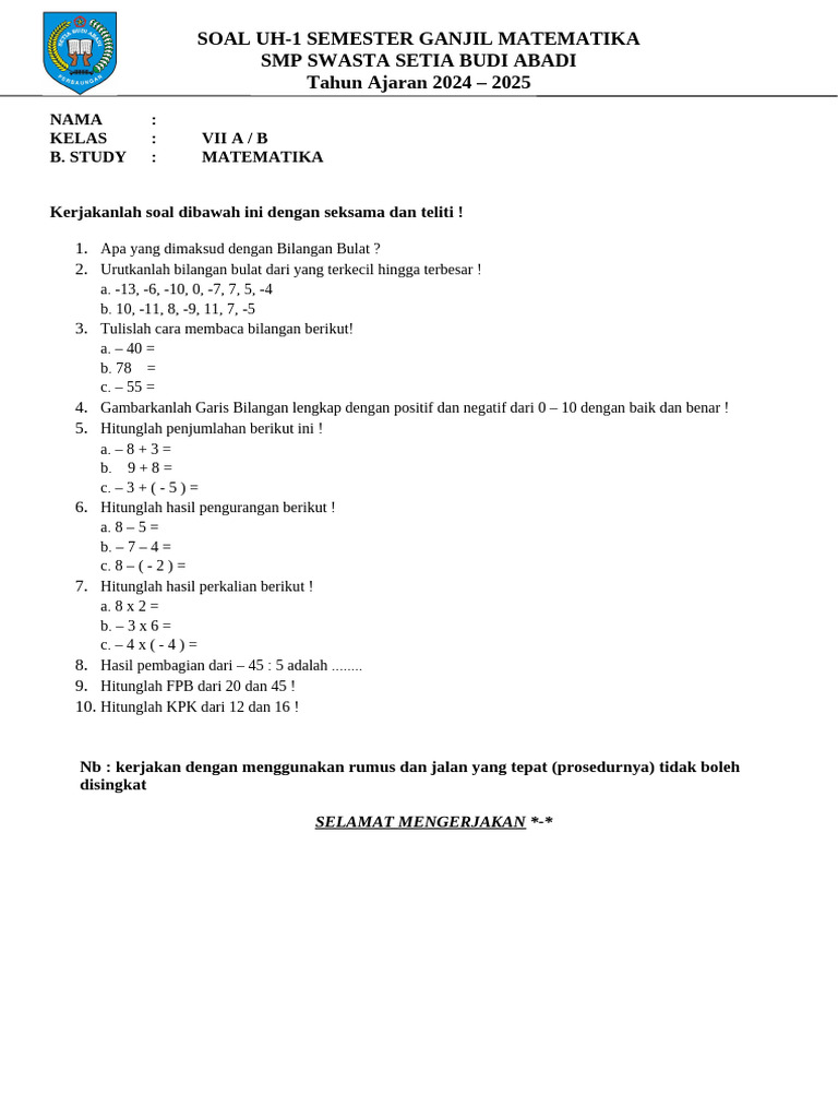 SOAL UH-1 Kls 7 MM Ganjil 2024 | PDF