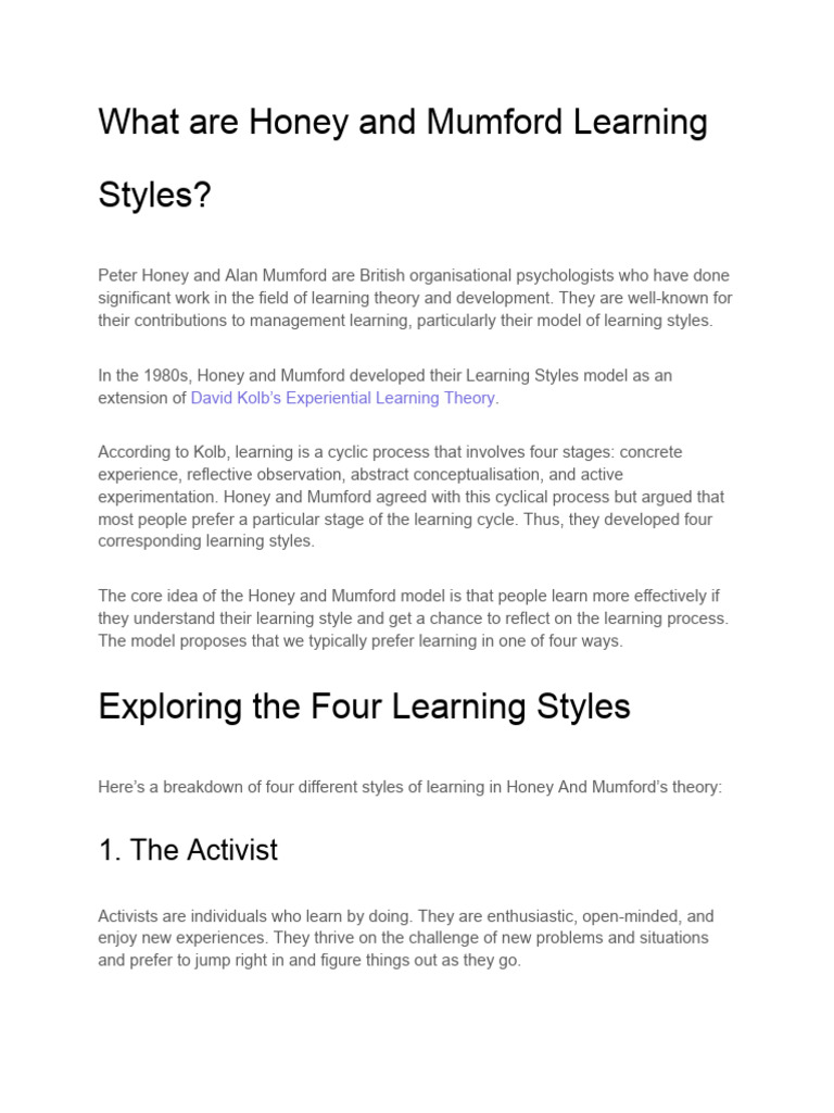 What Are Honey and Mumford Learning Styles | PDF