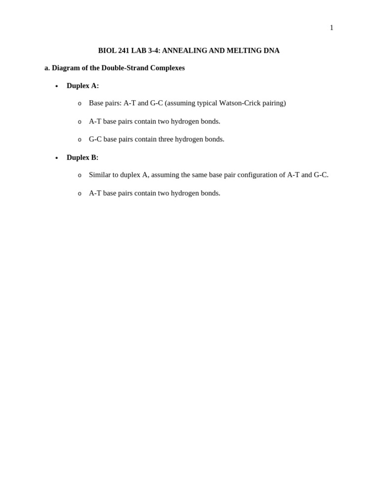 Biol 241 Lab 3-4: Annealing and Melting Dna A. Diagram of The Double ...