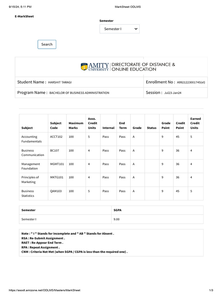 MarkSheet Semester 1 | PDF