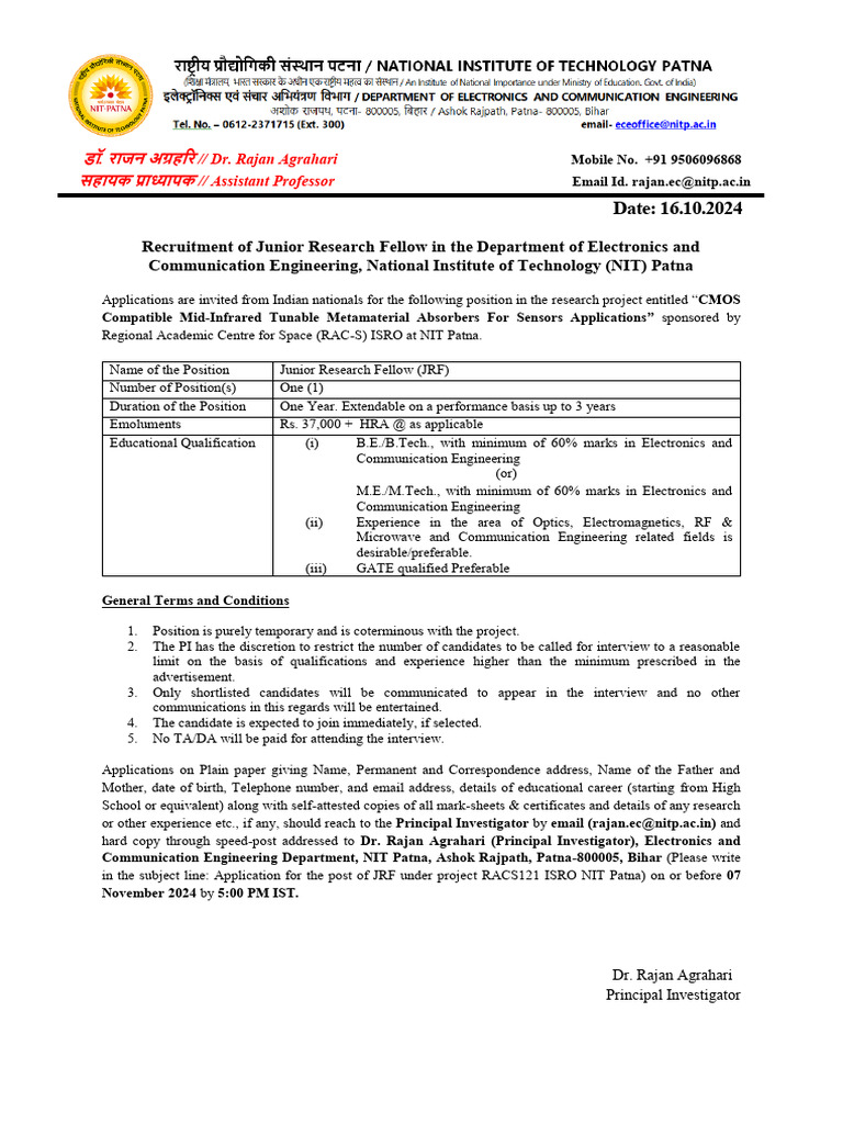 Advertisement of JRF Recruitment | PDF