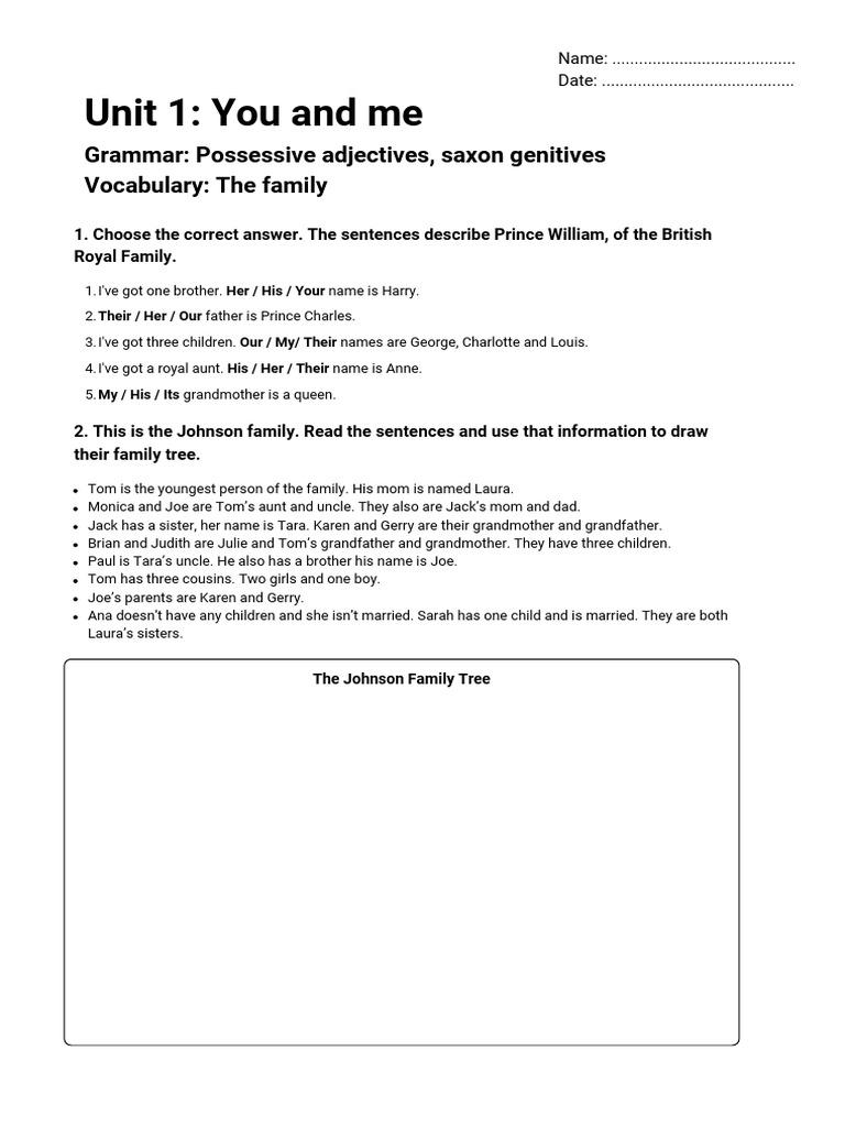Unit 1 Family - Possessive - Saxon Genitive - Writing | PDF