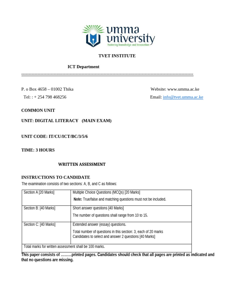 Digital Literacy Exam Main Exam | PDF
