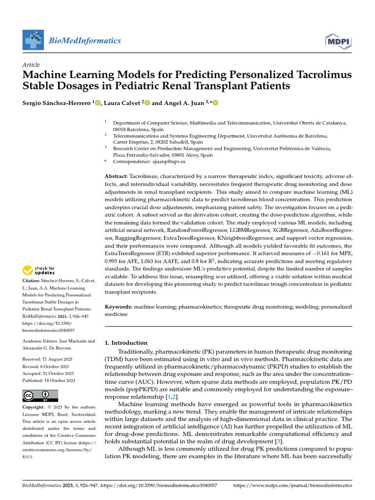 Machine Learning Models For Predicting Personalized Tacrolimus | PDF