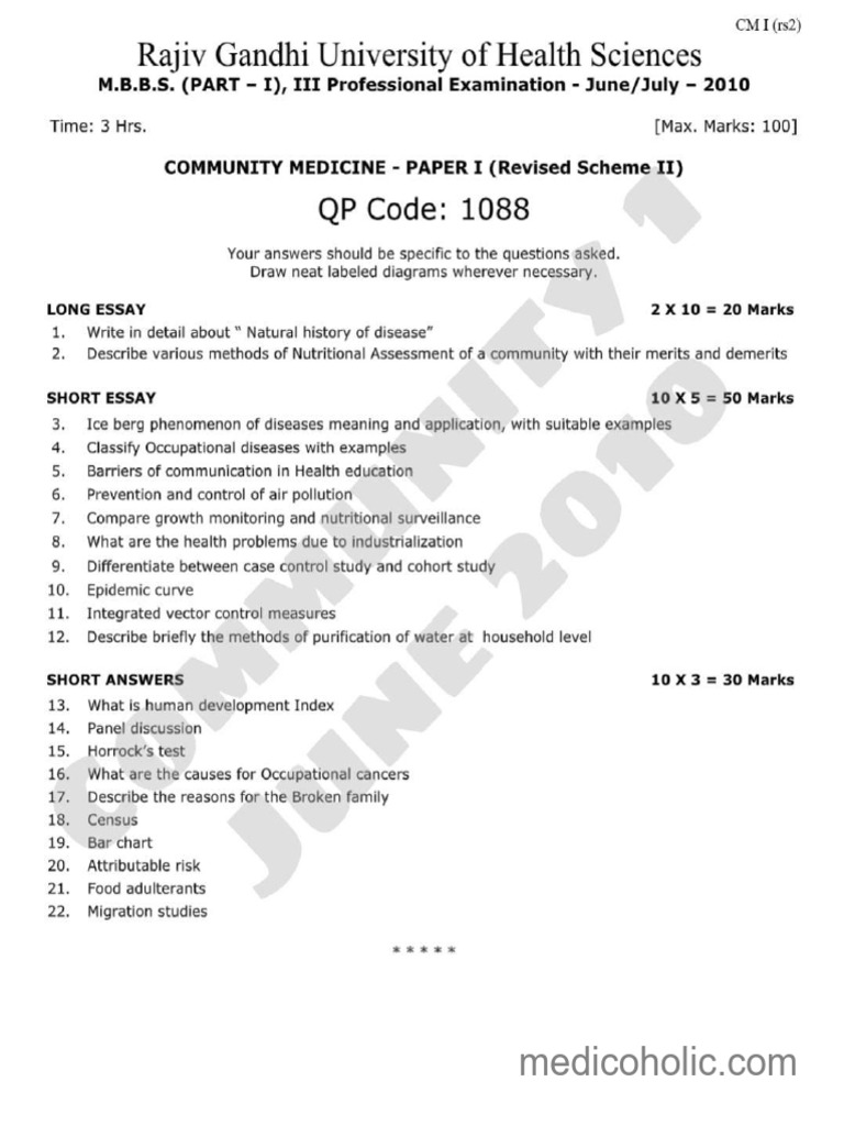 3rd Year MBBS Question Papers RGUHS Community Medicine Paper 1 | PDF