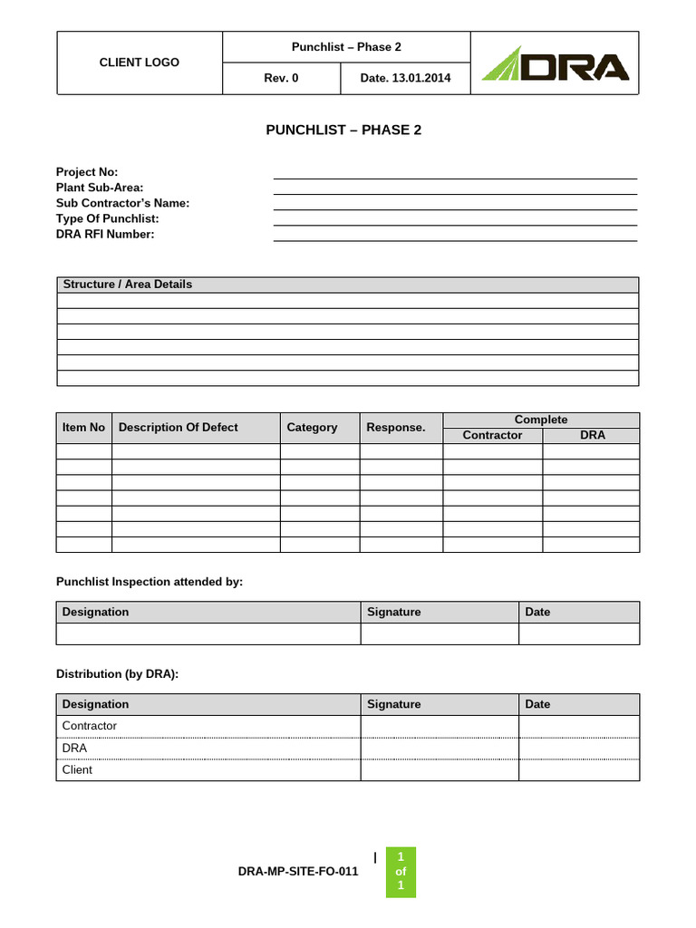 Dra MP Site Fo 011 Punchlist - Phase 2 | PDF