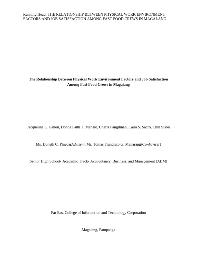 Job Satisfaction and Physical Work Environment Among Fast Food Crews in ...