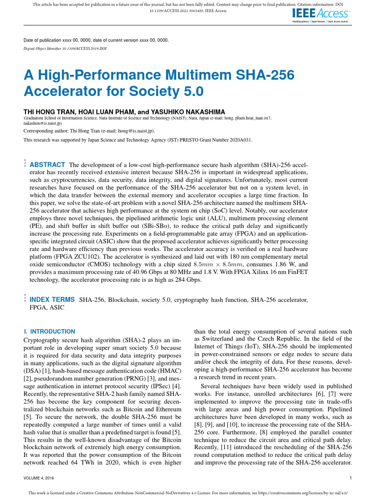 A High-Performance Multimem SHA-256 Accelerator Fo | PDF