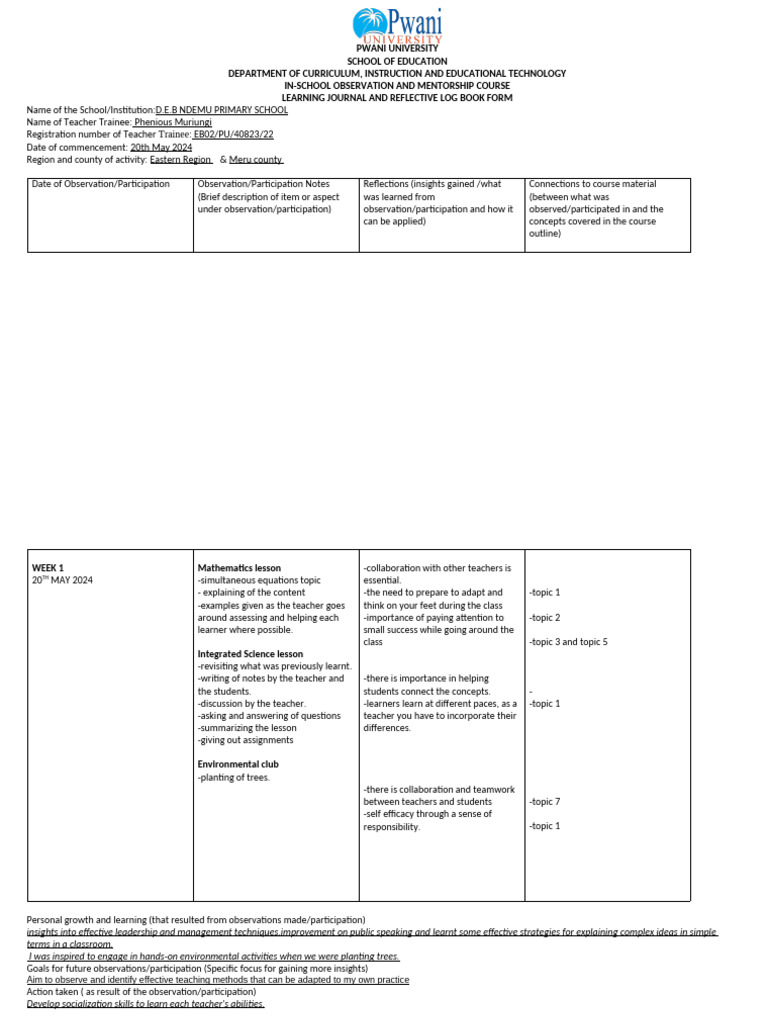 7 - Revised Log Book Copy For In-School Observation - Filled | PDF