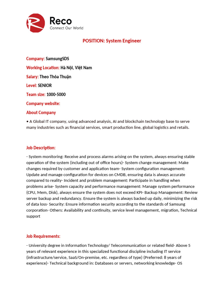 JD System Engineer No Cloud | PDF