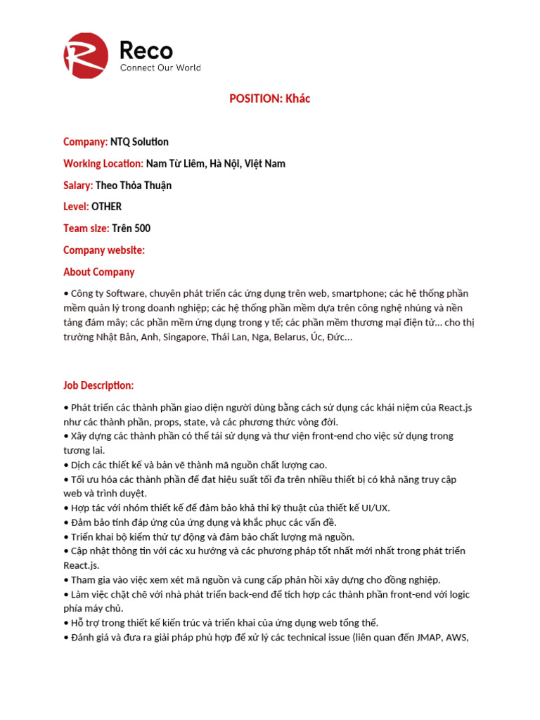 JD ReactJS Developer | PDF