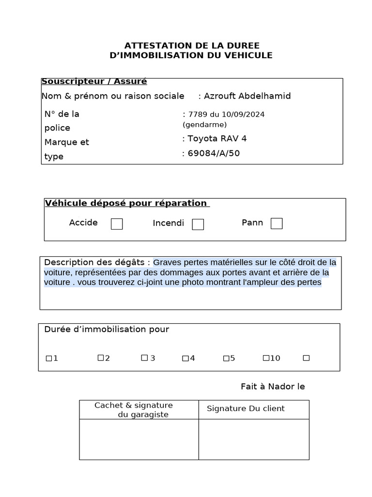 Modèle d'Attestation d'Immobilisation | PDF