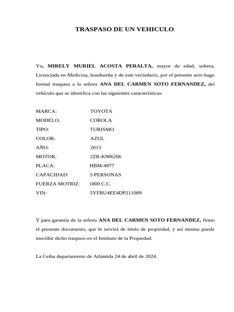 Traspaso de Vehiculo | PDF