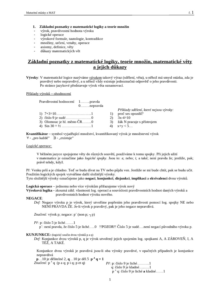 01 Mat-Základní Poznatky Z Matematické Logiky A Teorie Množin - Kopie | PDF