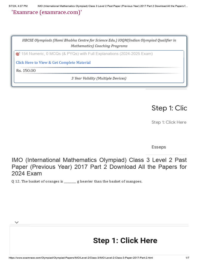 IMO (International Mathematics Olympiad) Class 3 Level 2 Past Paper 2017 Part 2 | PDF