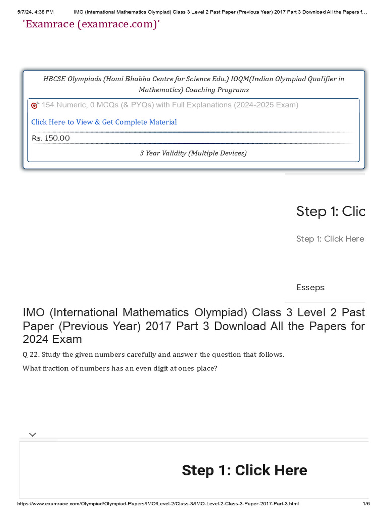 IMO (International Mathematics Olympiad) Class 3 Level 2 Past Paper ...