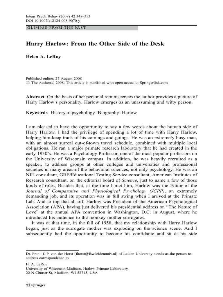 Harry Harlow From The Other Side of The Desk | PDF