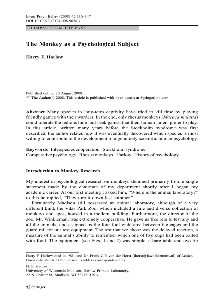 The Monkey As A Psychological Subject | PDF