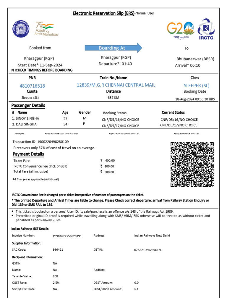 Train Ticket BBSR 11sep | PDF