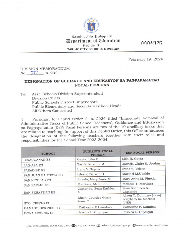 Dm 070 s 2024 Designation of Guidance Esp Focal Person 4926 | PDF