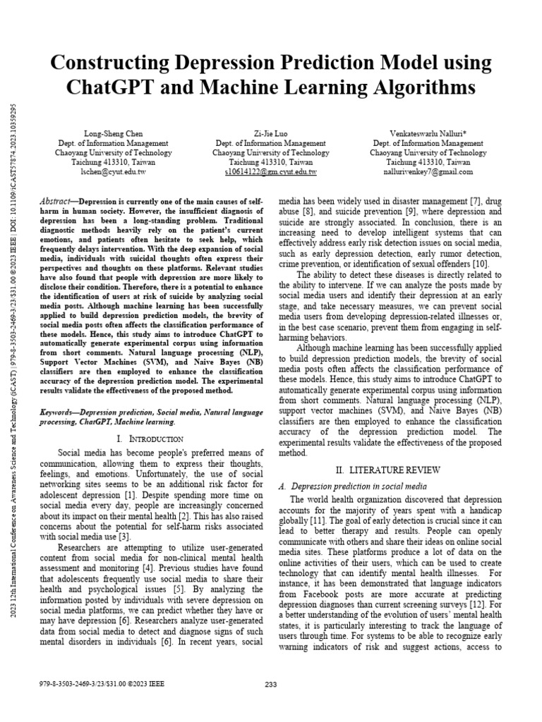 Constructing Depression Prediction Model Using ChatGPT and Machine Learning Algorithms | PDF ...