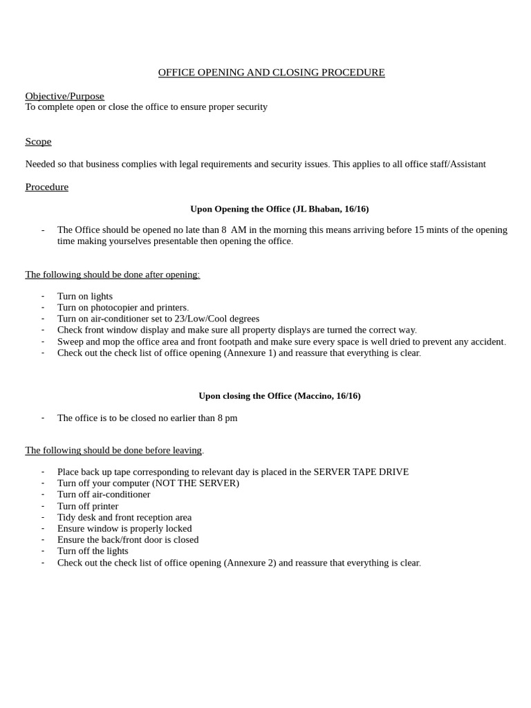 Office Opening & Closing Guide | PDF | Computers