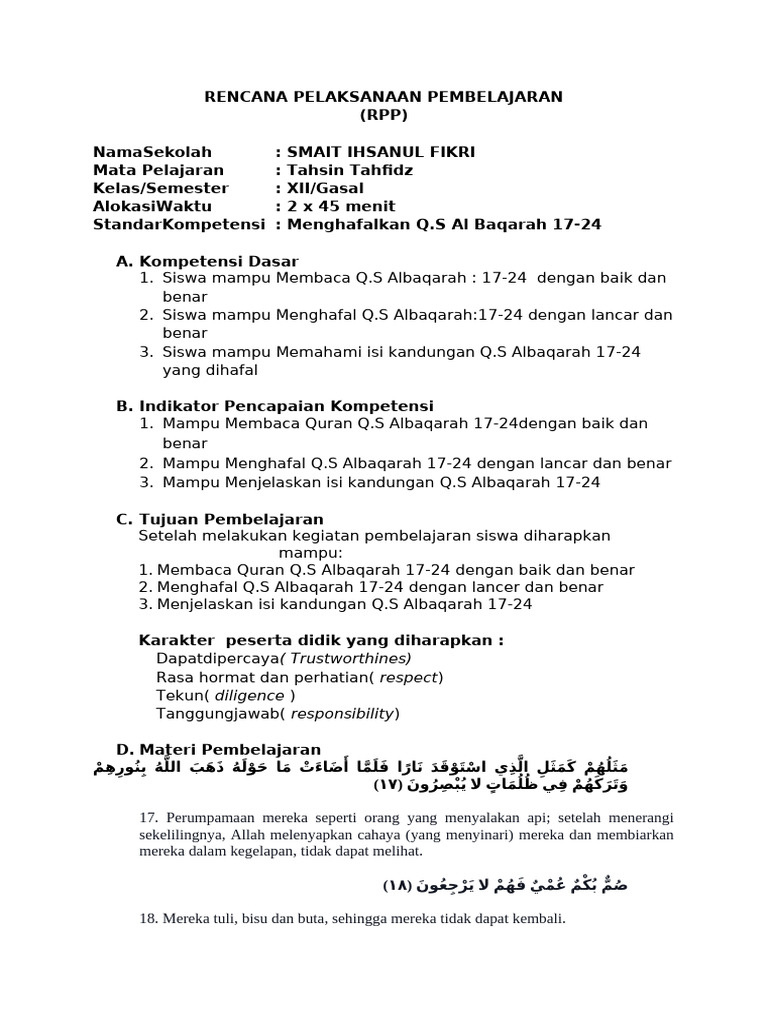 RPP Tahsin Tahfidz Kelas XII | PDF