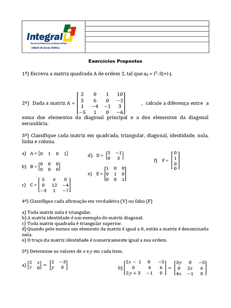 EREM-matemática 2° Ano - Tipos de Matrizes | PDF