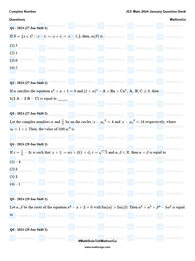 Complex Number - JEE Main 2024 January Question Bank - MathonGo | PDF | Mathematical Analysis ...
