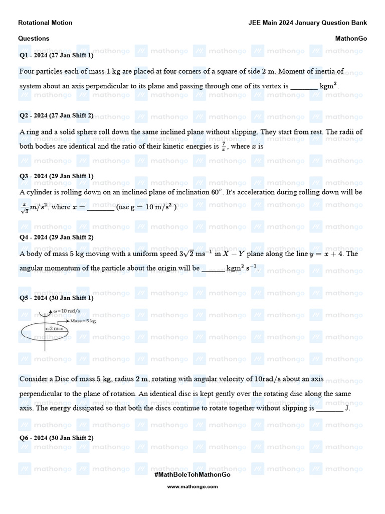 JEE Main 2024: Rotational Motion Quiz | PDF | Rotation Around A Fixed Axis | Rotation