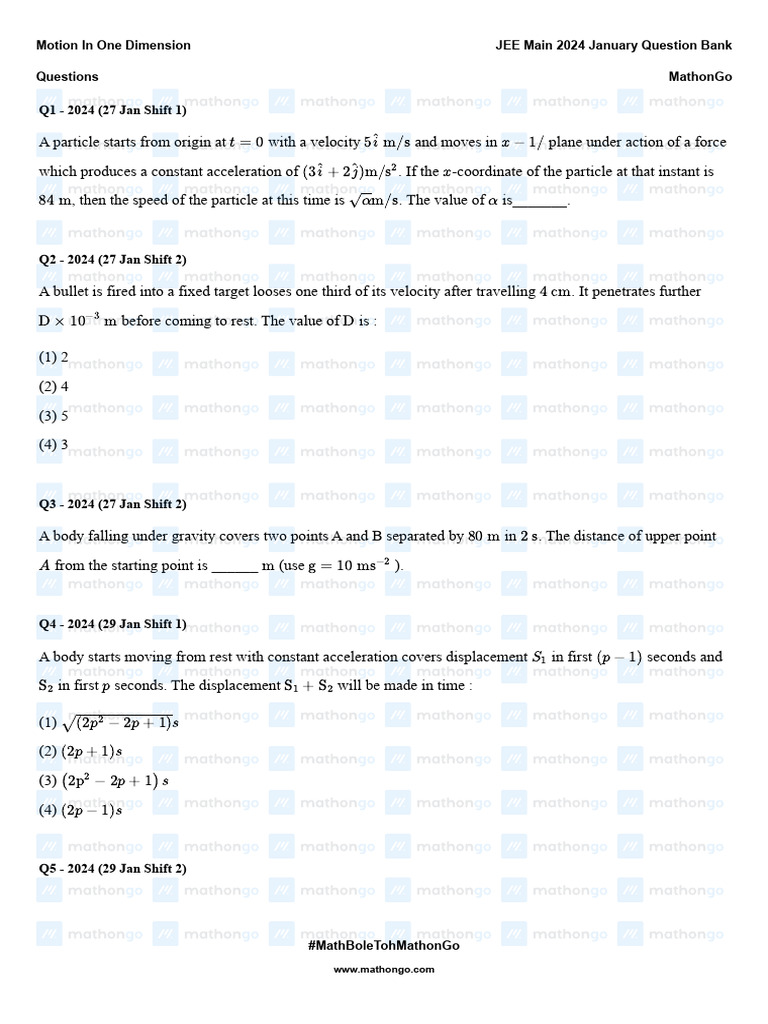 Motion in One Dimension - JEE Main 2024 January Question Bank - MathonGo | PDF | Kinematics ...