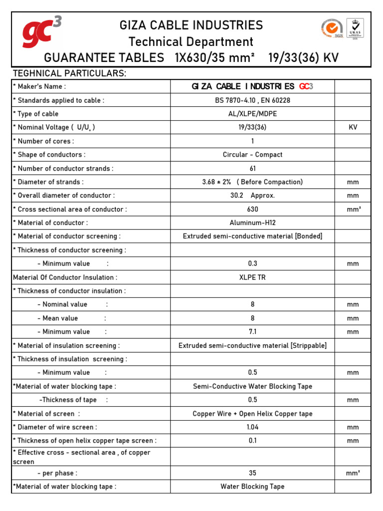 Technical Guarantee 1X630-35 AL-XLPE TR-CWS-MDPE 19-33KV | PDF ...