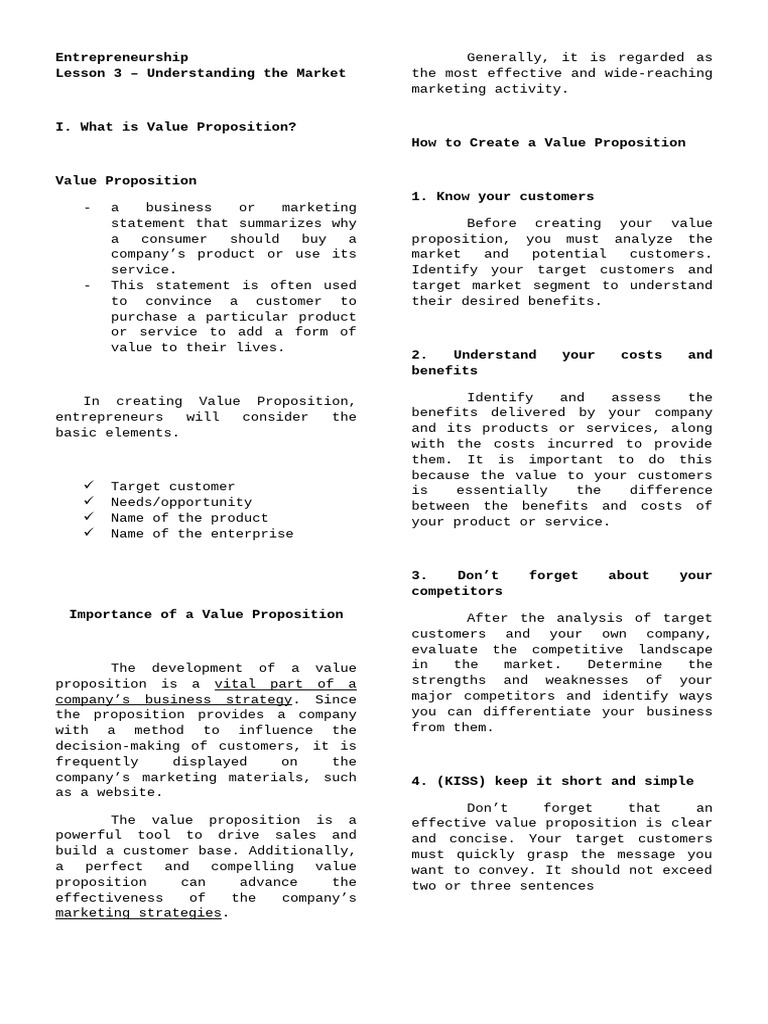 Entrepreneurship - Lesson 3 - Understanding The Market | PDF | Market ...