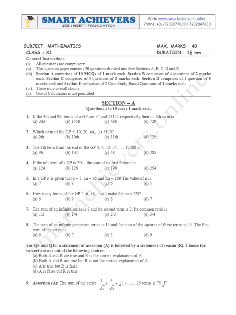 sequence and series test paper | PDF | Area | Mean