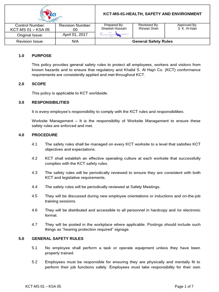 KCT-MS 01 - KSA 05 - General Safety Rules | PDF | Personal Protective ...